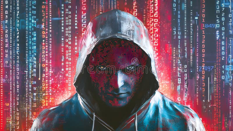 Mysterious Male Hacker with Digital Effects Stock Illustration ...