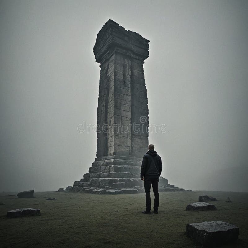 Mysterious Man Contemplating Ancient Stone Monument in Misty Ambiance ...