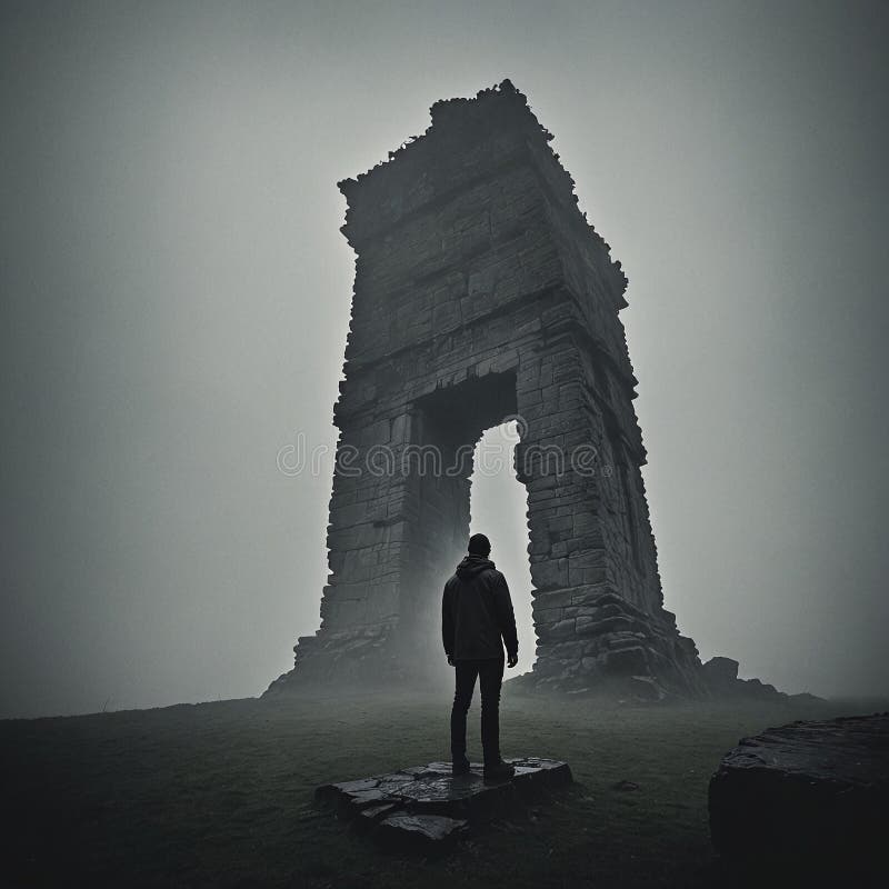 Mysterious Man Contemplating Ancient Stone Monument in Misty Ambiance ...
