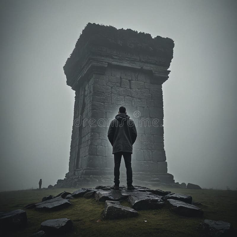 Mysterious Man Contemplating Ancient Stone Monument in Misty Ambiance ...