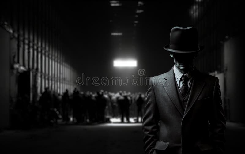 Mysterious Man in Suit in Front of a Crowd in a Warehouse ...