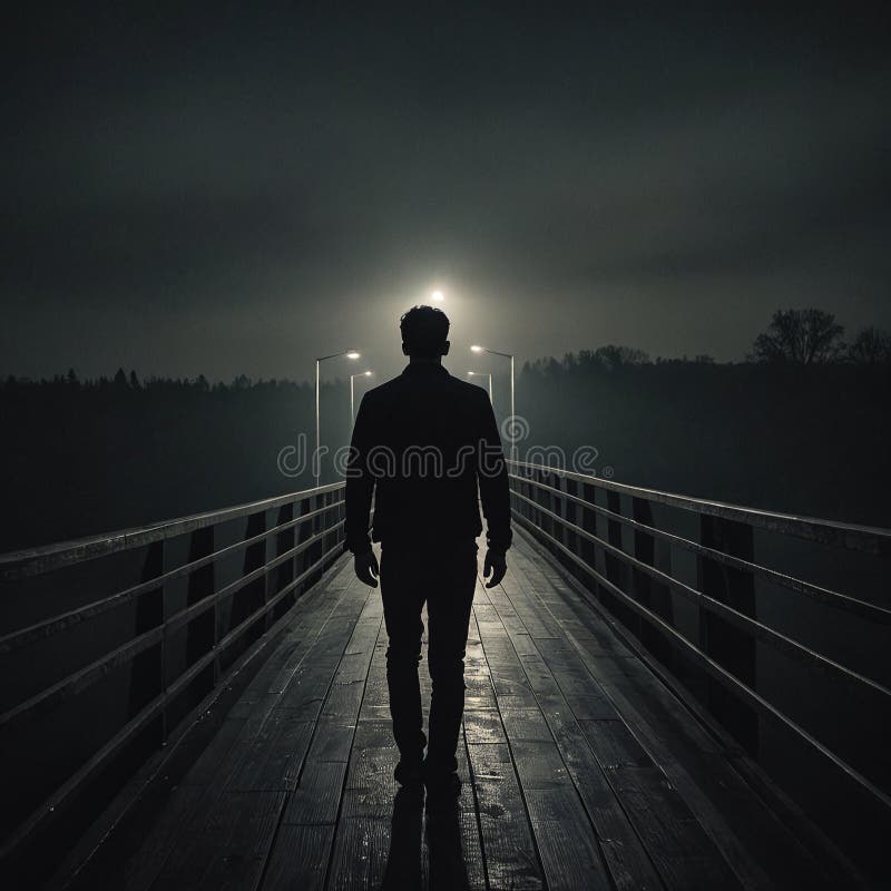 Mysterious Man Walking on Bridge at Night Stock Illustration ...
