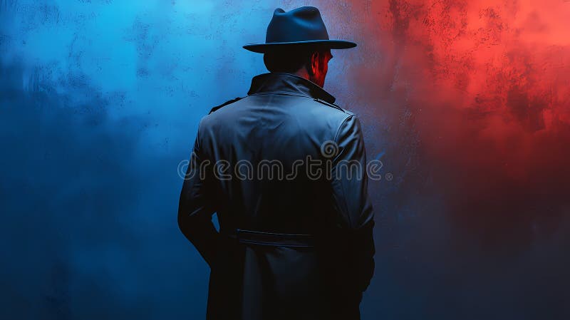 Mysterious Man Wearing Trench Coat and Hat Standing Backwards in ...