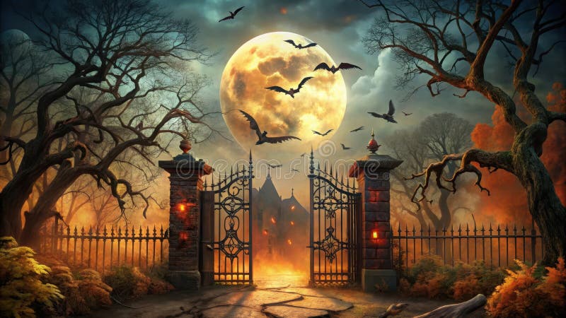 Mysterious Manor Gate at Night with Full Moon and Bats. Generative AI ...