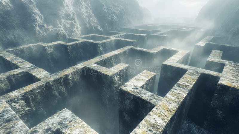 Mysterious Maze in Fog, Intricate Stone Structures Stock Illustration ...