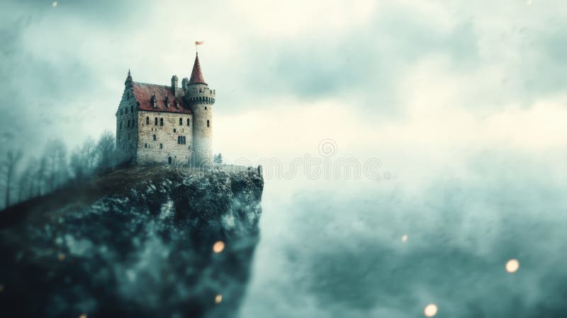 Mysterious Medieval Castle on a Cliff in the Mist Stock Image - Image ...