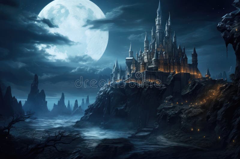 Mysterious Medieval Castle in a Full Moon Night Stock Illustration ...