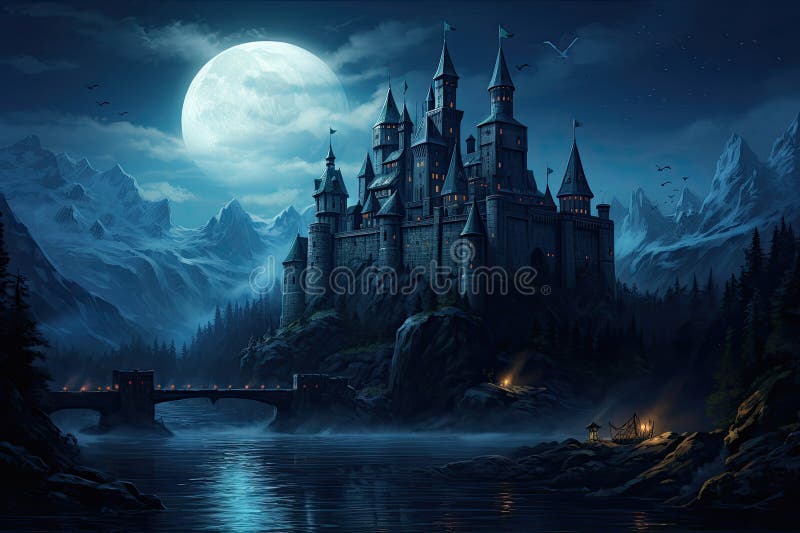 Mysterious Medieval Castle in a Full Moon Night Stock Illustration ...