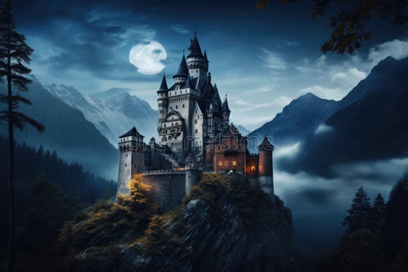 Mysterious Medieval Castle in a Full Moon Night Stock Illustration ...