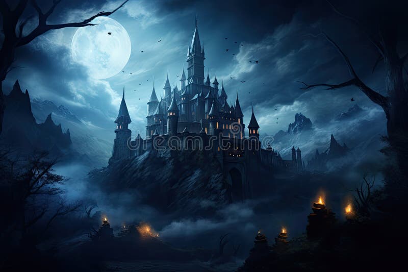 Mysterious Medieval Castle in a Full Moon Night Stock Illustration ...