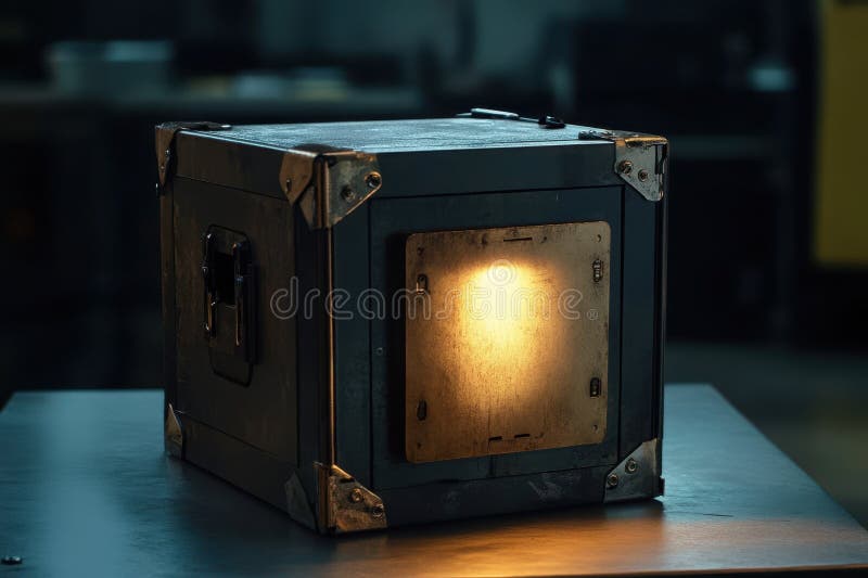 Mysterious Metal Box Illuminated in a Dimly Lit Workshop during Evening ...