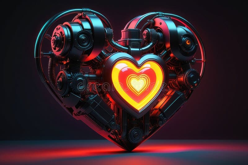 A Mysterious Metal Heart Shape with Neon Lights, Horizontal Composition ...