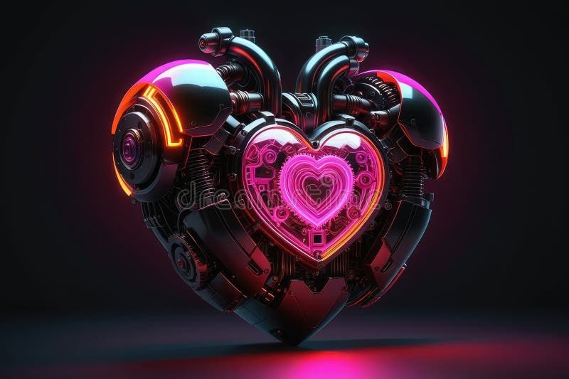 A Mysterious Metal Heart Shape with Neon Lights, Horizontal Composition ...