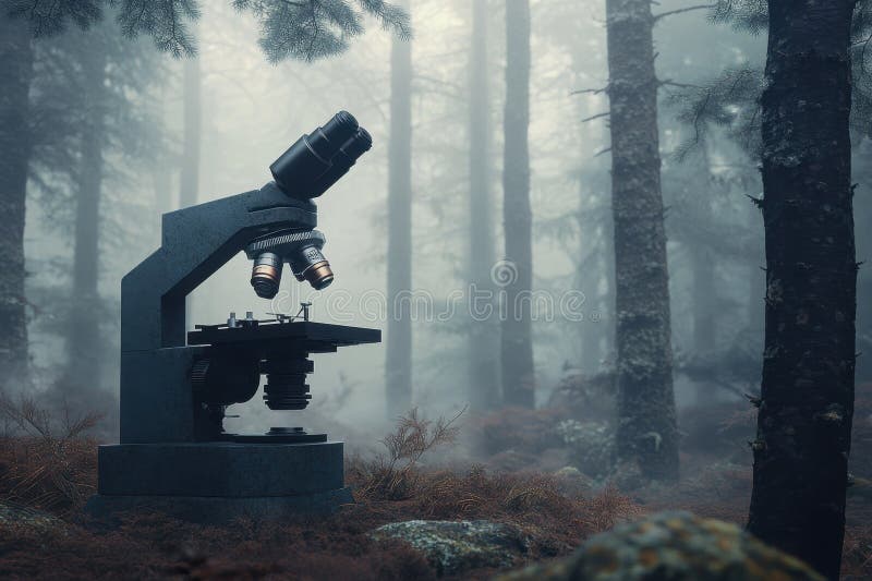 Mysterious Microscope Stands Alone in a Foggy Forest Environment Stock ...