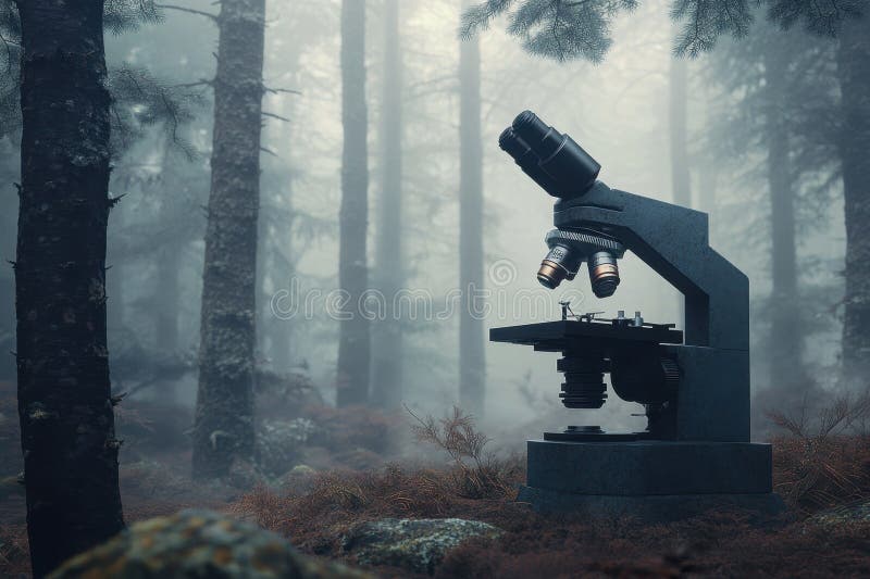 Mysterious Microscope Stands Alone in a Foggy Forest Environment Stock ...