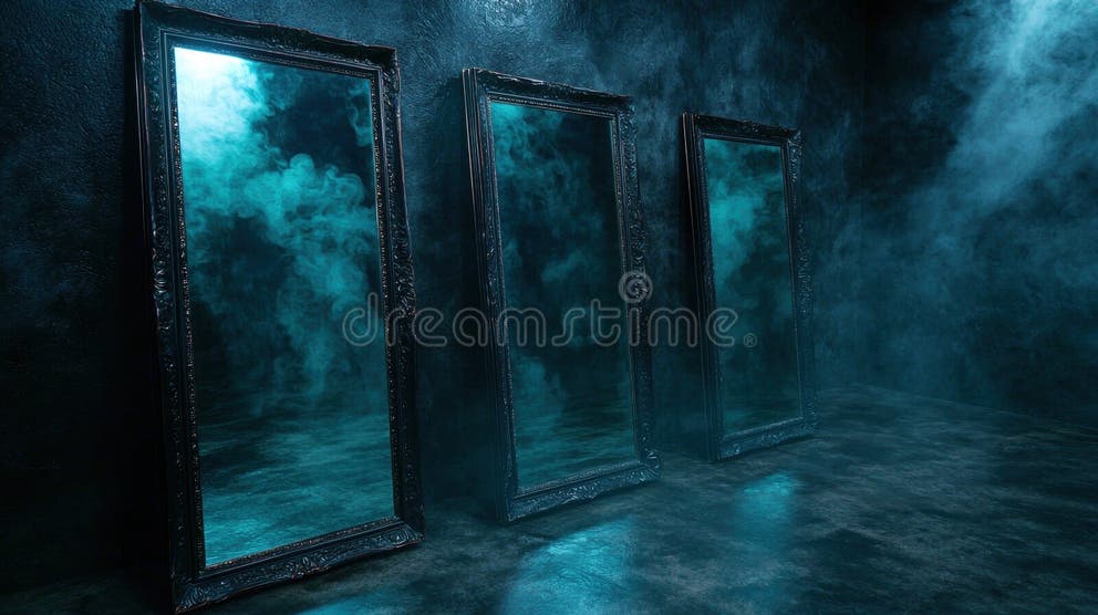 Mysterious Mirrors in a Dark, Misty Room Stock Illustration ...