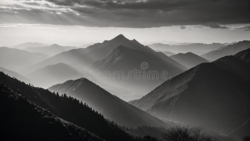 Mysterious Mist Over Dark Mountain Peaks Stock Illustration ...