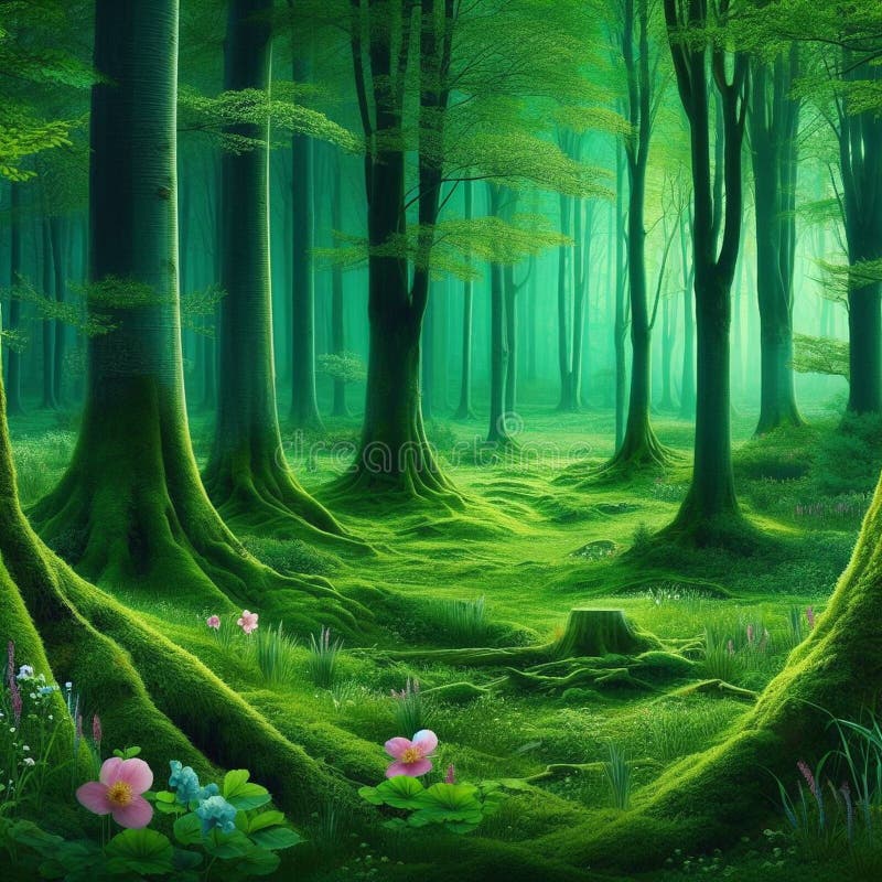 A Mysterious Misty Forest Landscape with Sparse Trees. Stock ...