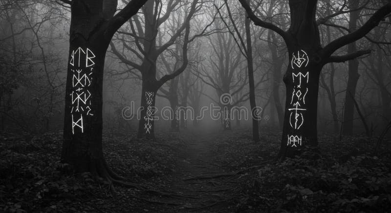 Mysterious Monochrome Forest Path with Ancient Symbols Stock ...