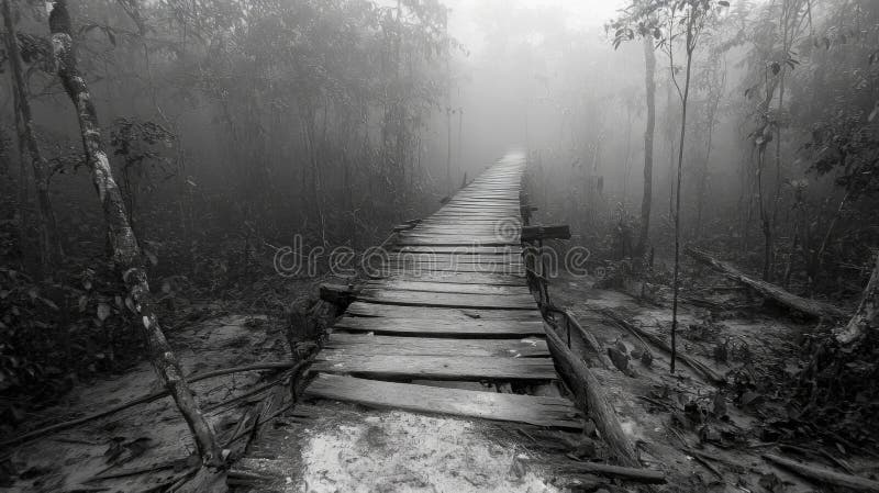 Mysterious Monochrome Forest Path Shrouded in Mist Stock Illustration ...