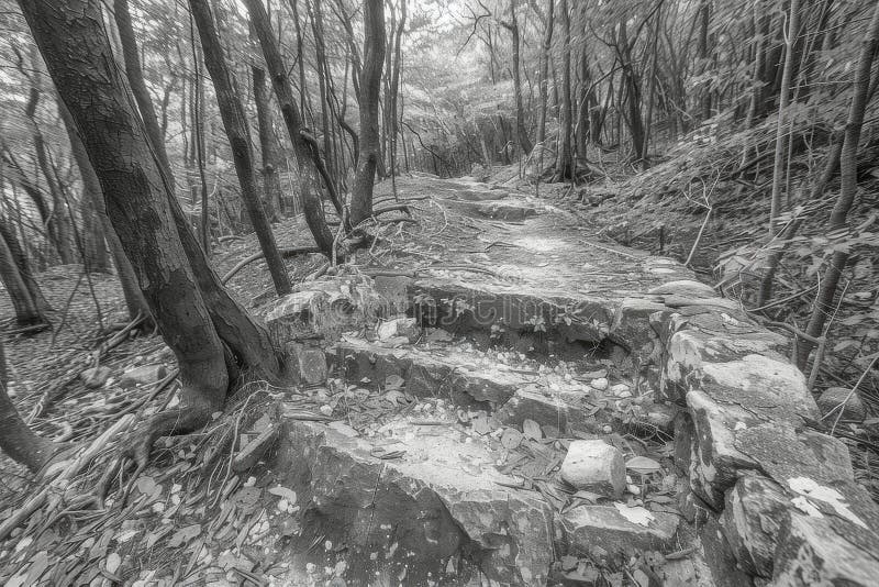 Mysterious Monochrome Trail through the Dense Woods, Atmospheric Forest ...