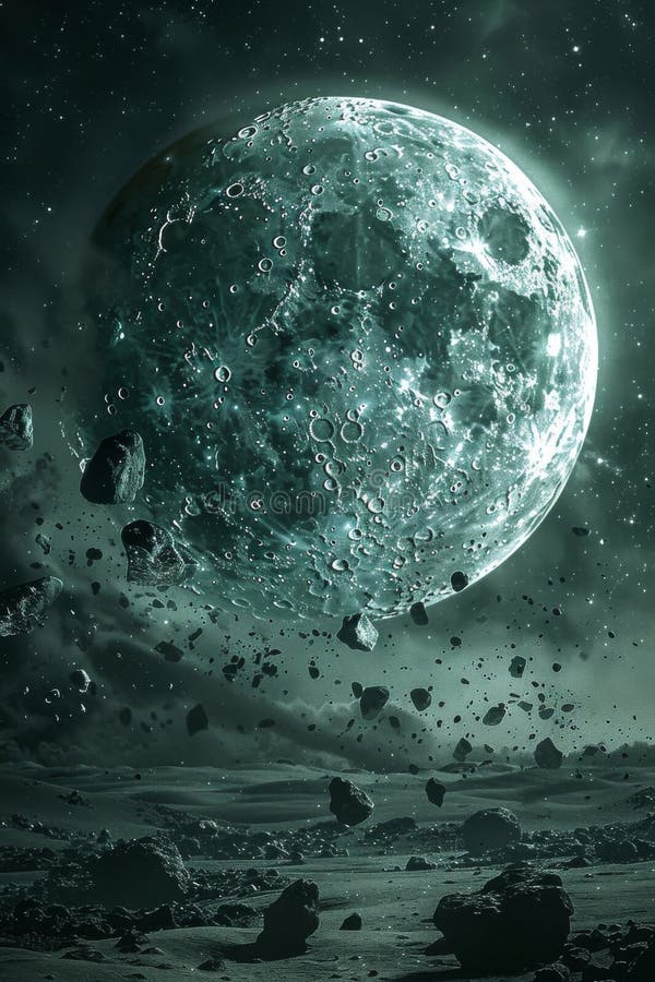 Mysterious Moon with Rocky Surface in Outer Space, Surrounded by Stars ...