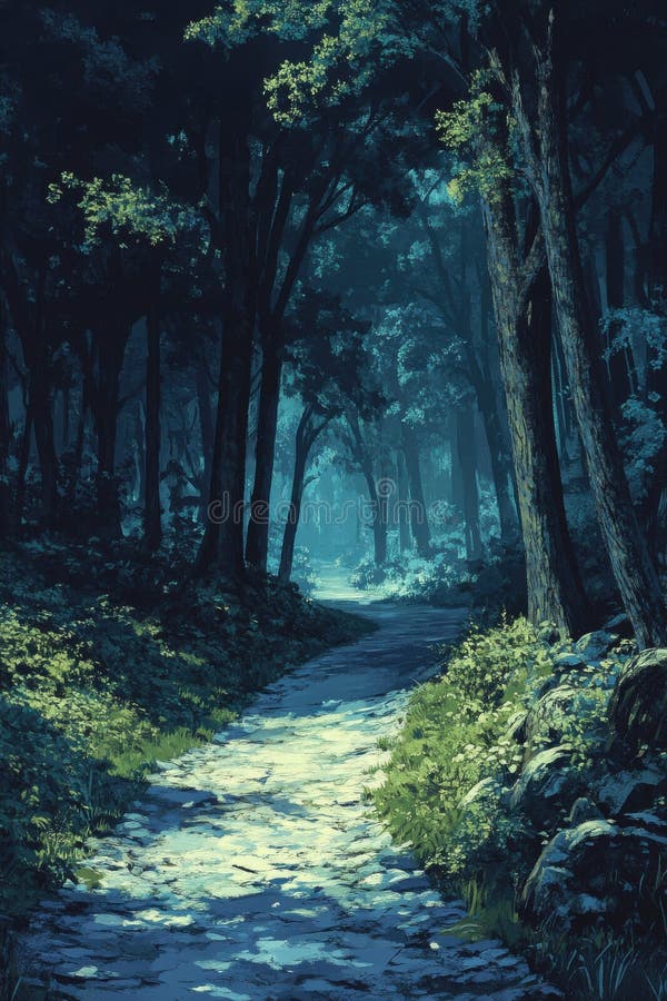 Mysterious Moonlight Path through a Dark Forest Stock Illustration ...