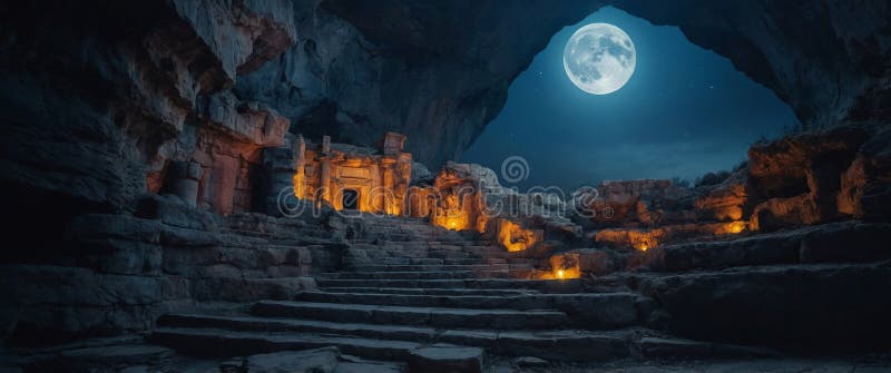 Mysterious Moonlit Cavern with Ancient Ruins. Stock Photo - Image of ...