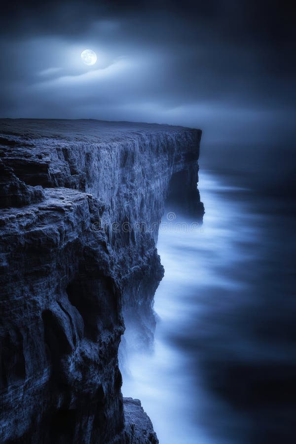 Mysterious Moonlit Cliff Overlooking Intense Ocean Waves at Night, AI ...