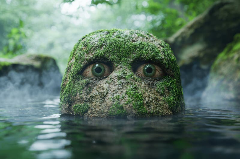 Mysterious Moss-covered Creature in Forest Stream Stock Illustration ...