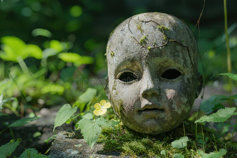 Mysterious Moss-covered Mask in Nature Stock Illustration ...