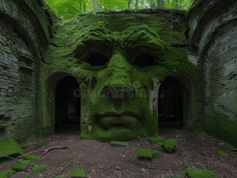 Mysterious Moss-covered Stone Face in Enchanted Forest Stock ...
