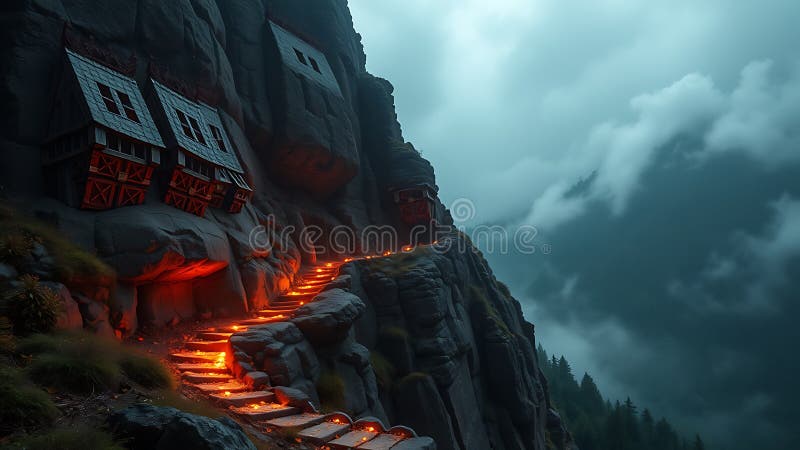 Mysterious Mountain Path with Illuminated Steps Leading To Ancient ...