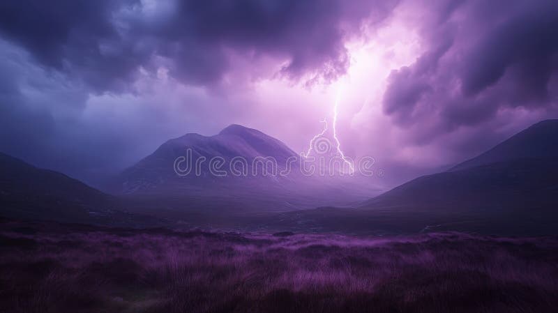 Mysterious Mountains Under a Purple Storm and Flashing Lightning Stock ...