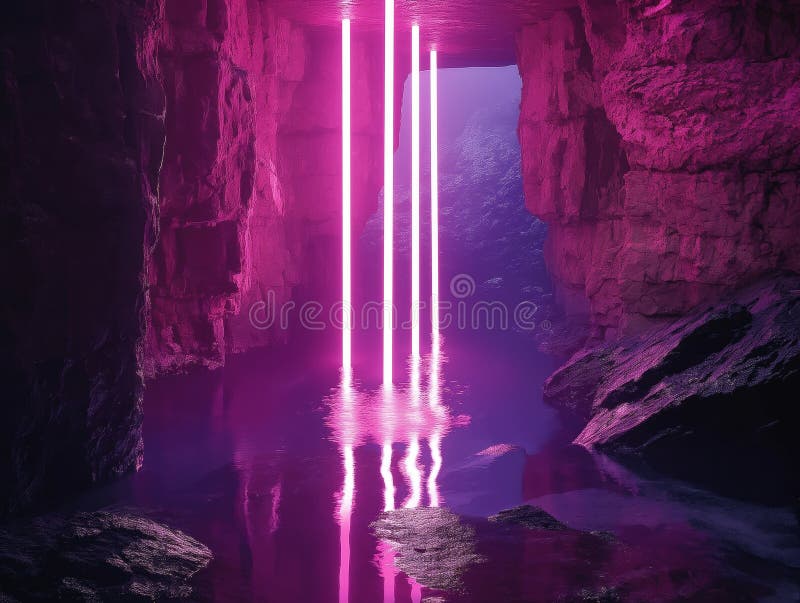 Mysterious Neon Cave Reflection Stock Image - Image of background ...