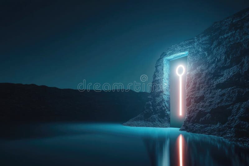 Mysterious Neon Portal in Rocky Cave Reflected in Water at Night Stock ...