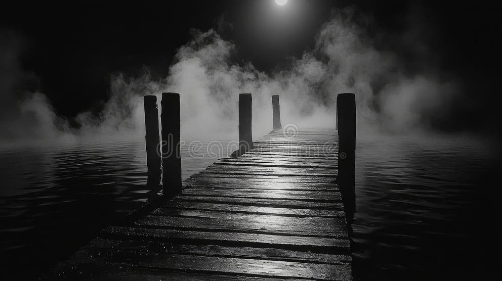 Mysterious Night at the Dock, Fog and Moonlight Stock Illustration ...