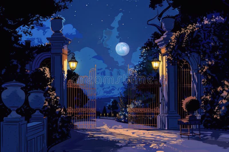 A Mysterious Night Scene with a Gate Under a Full Moon. Perfect for ...