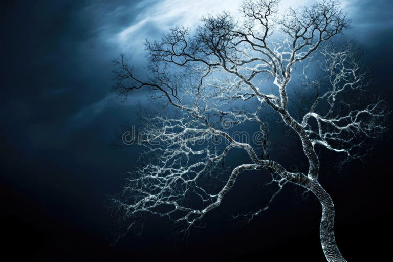 Mysterious Night Sky with Silhouetted Winter Tree in Moonlight Stock Photo - Image of bare, blue ...