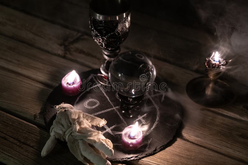 Mysterious Occult Ritual Setup with Crystal Ball and Candles. Stock ...