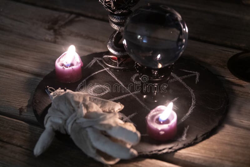 Mysterious Occult Ritual Setup with Crystal Ball and Candles. Stock ...
