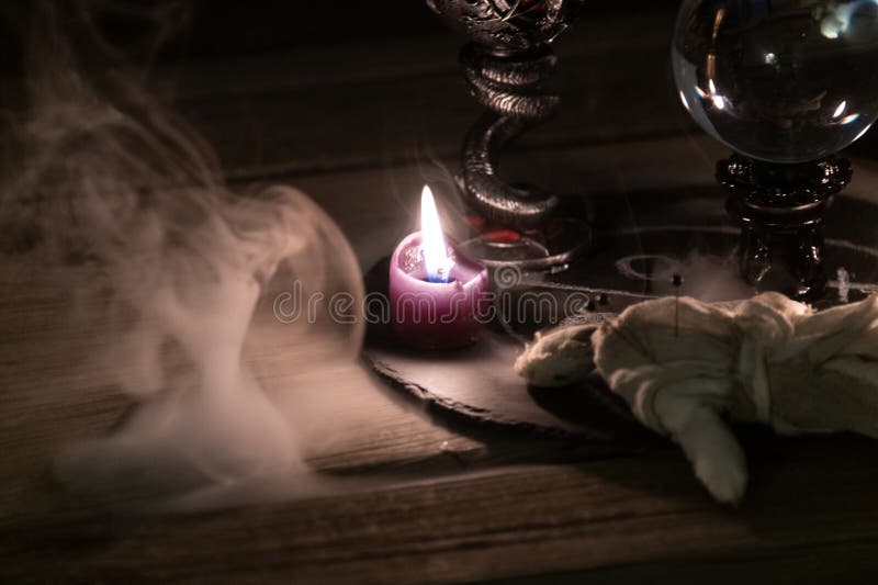 Mysterious Occult Ritual Setup with Crystal Ball and Candles. Stock ...