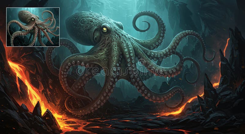 Mysterious Octopus Illustration in Cave with Lava Flowing through Rocks ...