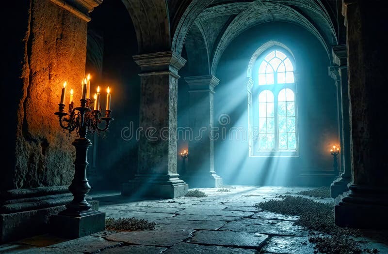 Mysterious Old Chapel Illuminated by Candlelight and Sunlight Filtering ...
