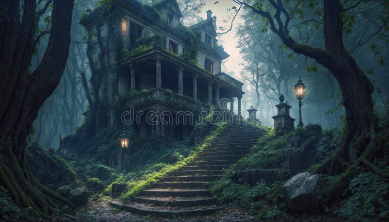 Mysterious Old Mansion in the Forest with Stone Stairs and Lantern ... Mysterious Old Mansion in the Forest with Stone Stairs and Lantern ...