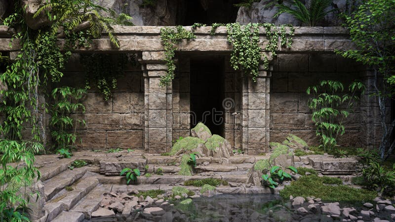 Mysterious Old Ruined Underground Temple Building in a Cave. 3D Render ...