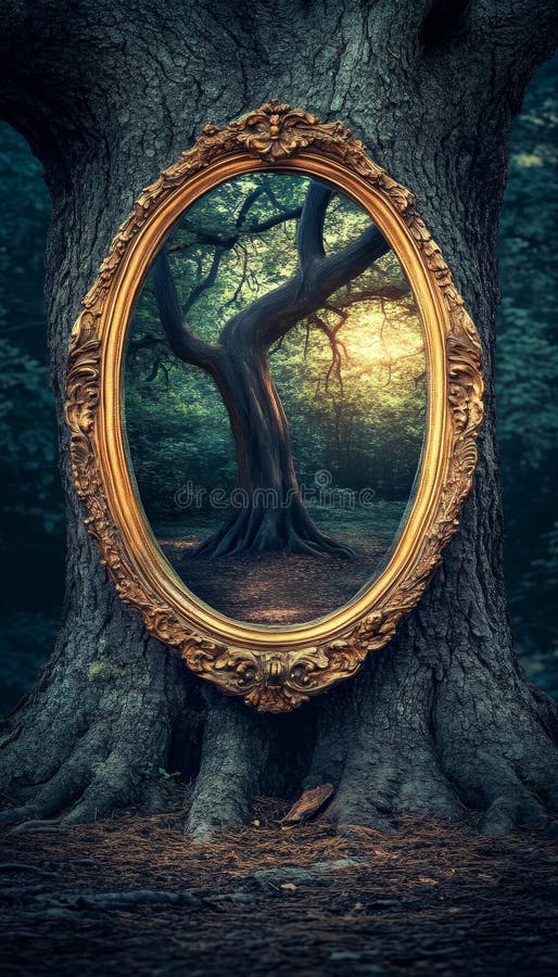 Mysterious Oval Mirror in a Dark Forest, Reflecting Sunlight through ...