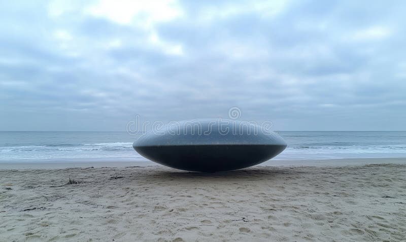 Mysterious Oval Sculpture on Beach, Sleek Design, Ocean Waves, Cloudy ...
