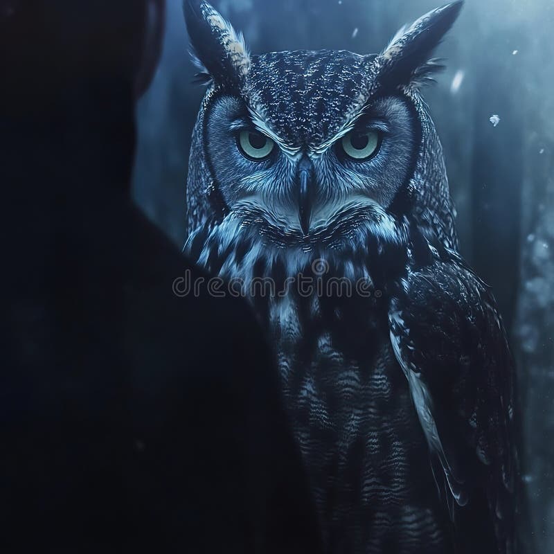 Mysterious Owl Stares Intently in Blue Night Forest Setting Stock Image - Image of enigmatic ...