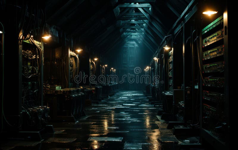 A Mysterious Passage Illuminated by Glowing Windows and Lights Stock ...